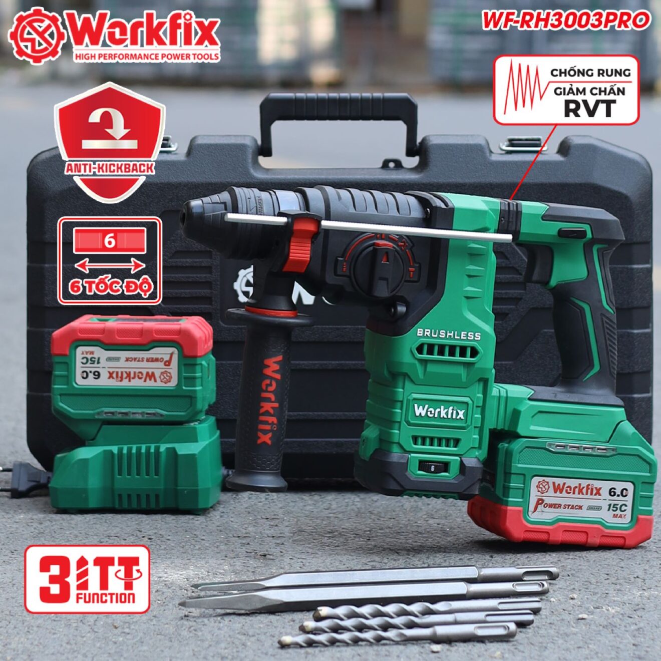 Máy Khoan Đục Bê Tông WORKFIX WF-RH3003PRO 3,0J Anti-Kickback 6 Tốc Độ ...