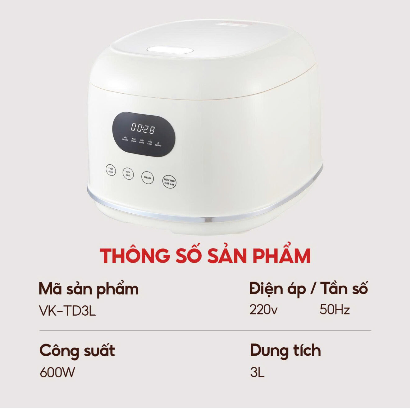 Nồi Cơm Điện Tách Đường VENKO VK-TD3L, Nấu Cơm, Hầm Gà, Nấu Cháo, Chính ...
